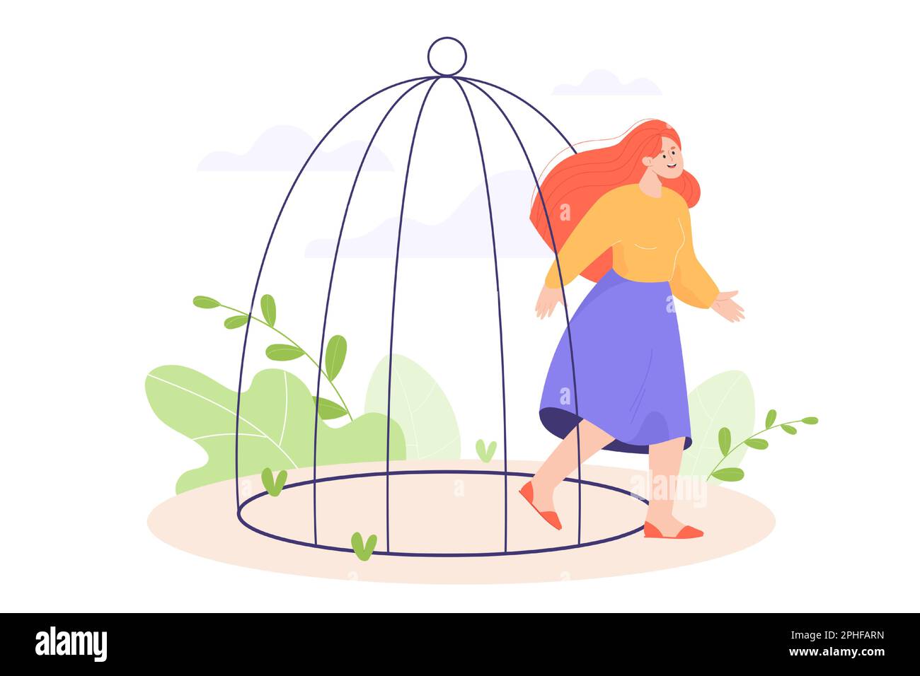 Woman getting out of birdcage flat vector illustration Stock Vector ...