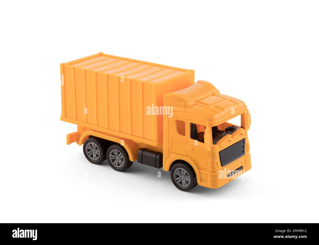 Yellow cargo delivery truck miniature isolated on white background with ...