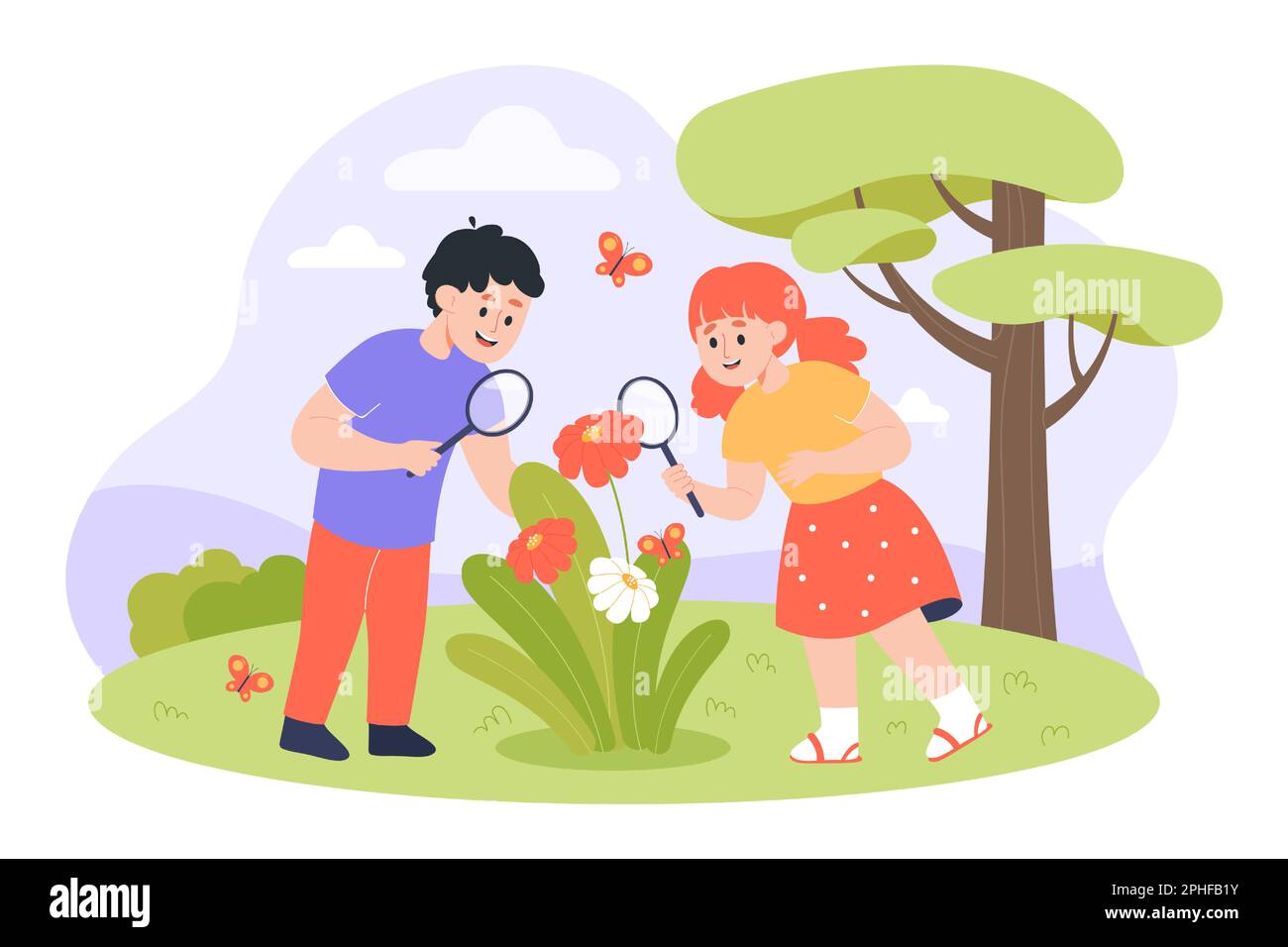 Children looking at flowers through magnifier Stock Vector Image & Art ...