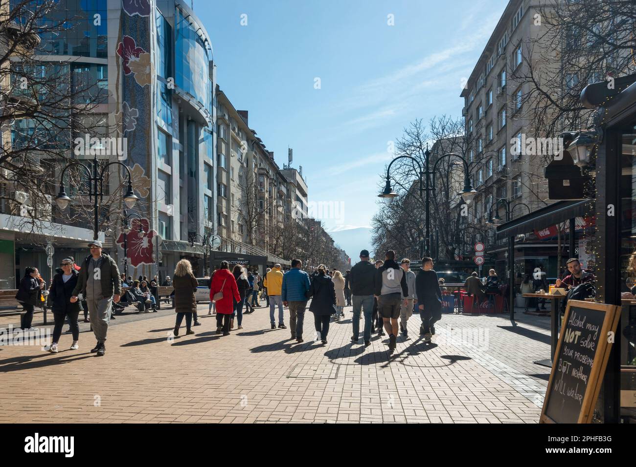 SOFIA, BULGARIA - JANUARY 22, 2020: Panorama of pedestrian Boulevard Vitosha in city of Sofia ...
