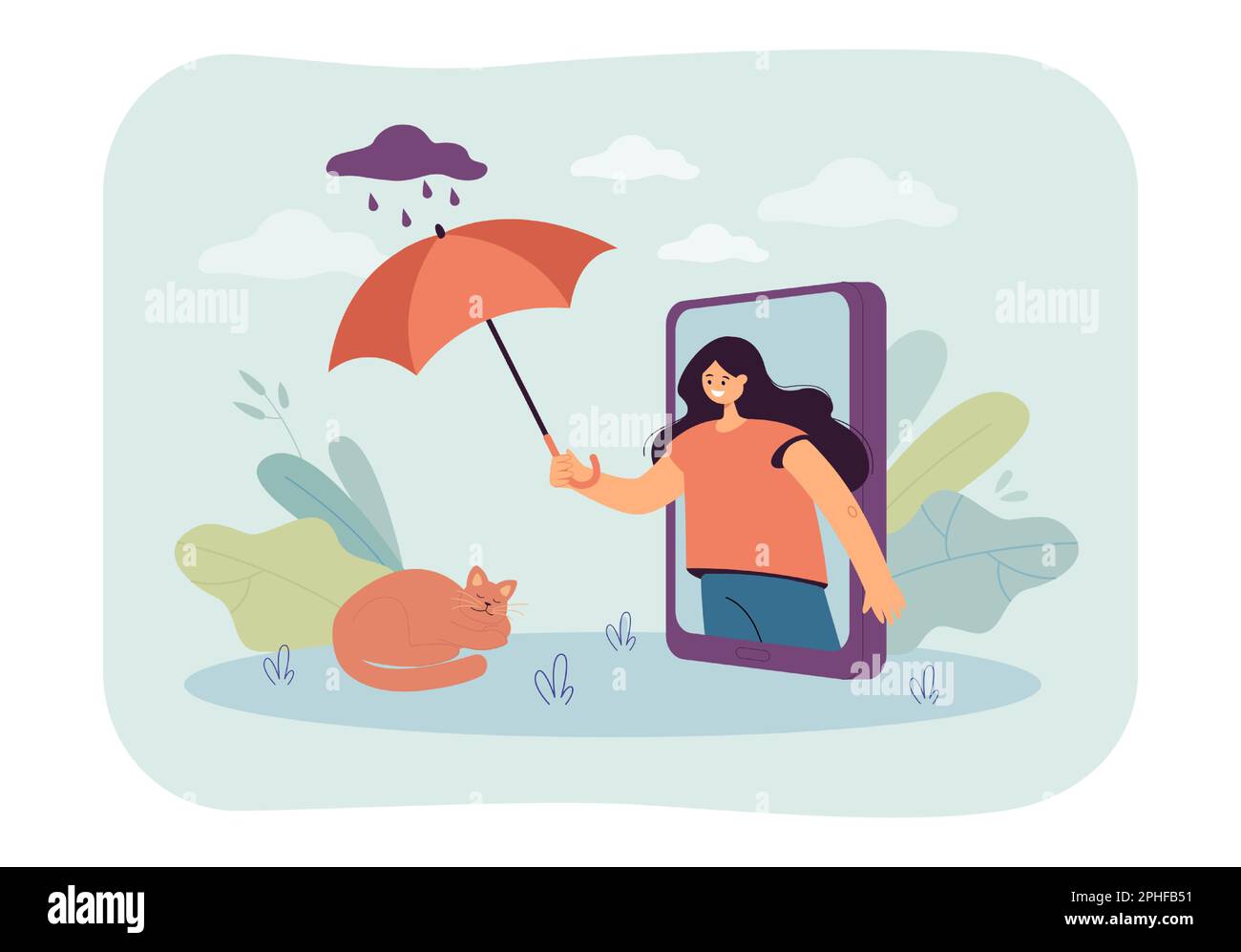 Girl holding umbrella over cat through phone screen Stock Vector Image ...
