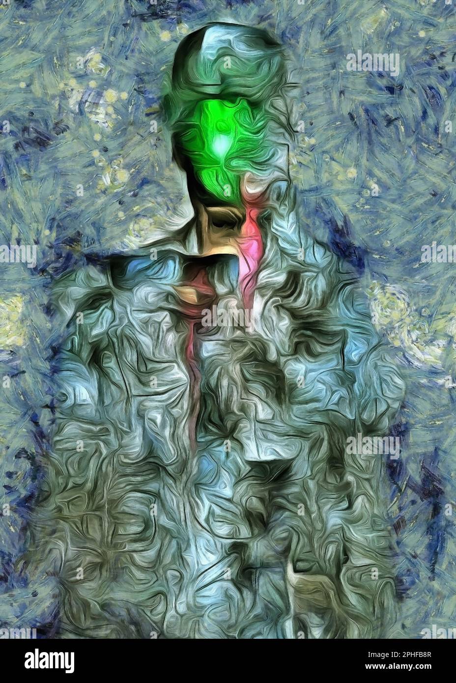 Surreal painting. Man in suit and bowler hat with green apple instead ...