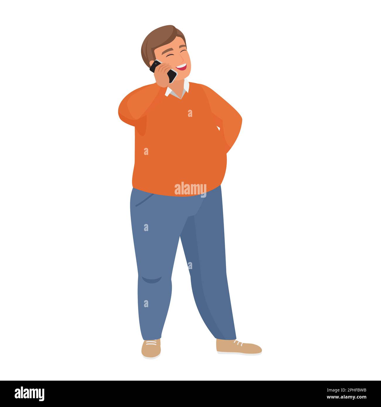 Fat man talking on phone. Obese man laughing, plus size boy vector ...