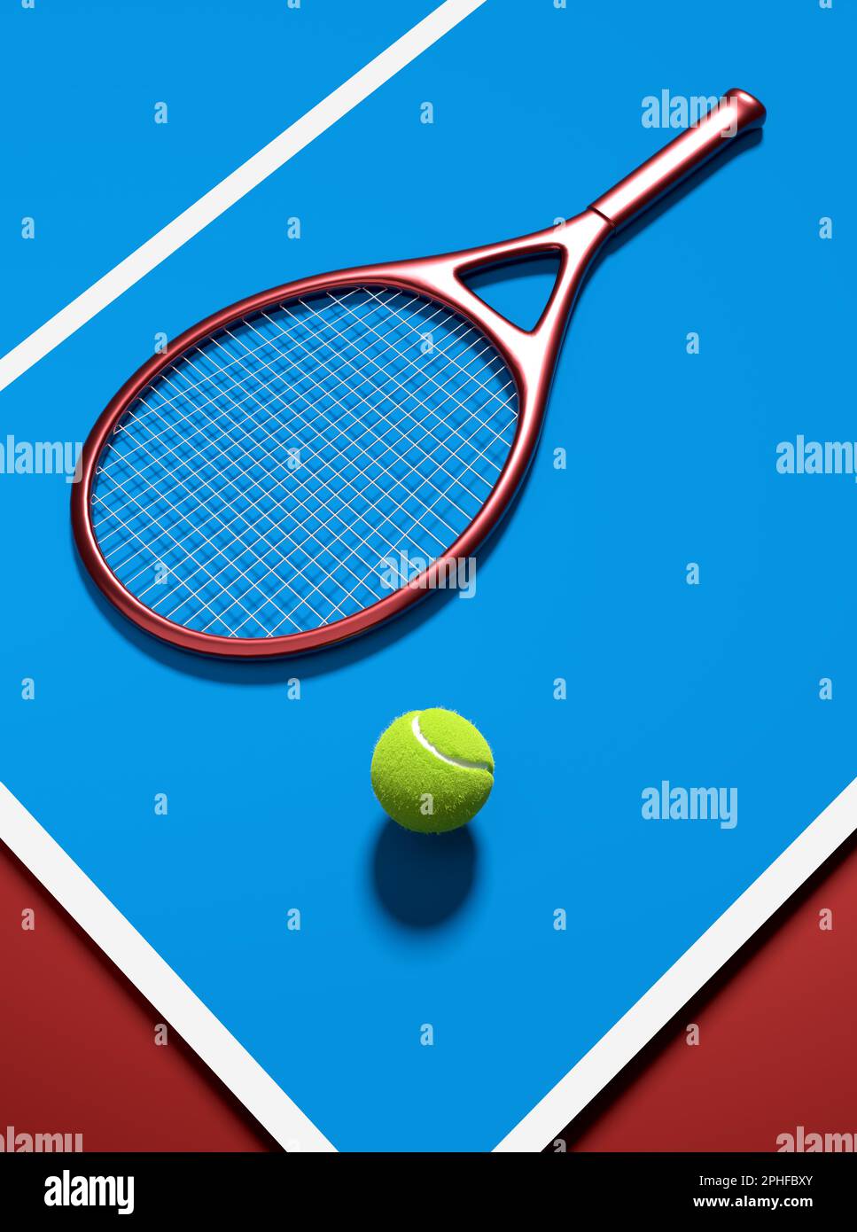 Tennis ball and racket on blue tennis court with lines. Abstract 3D ...