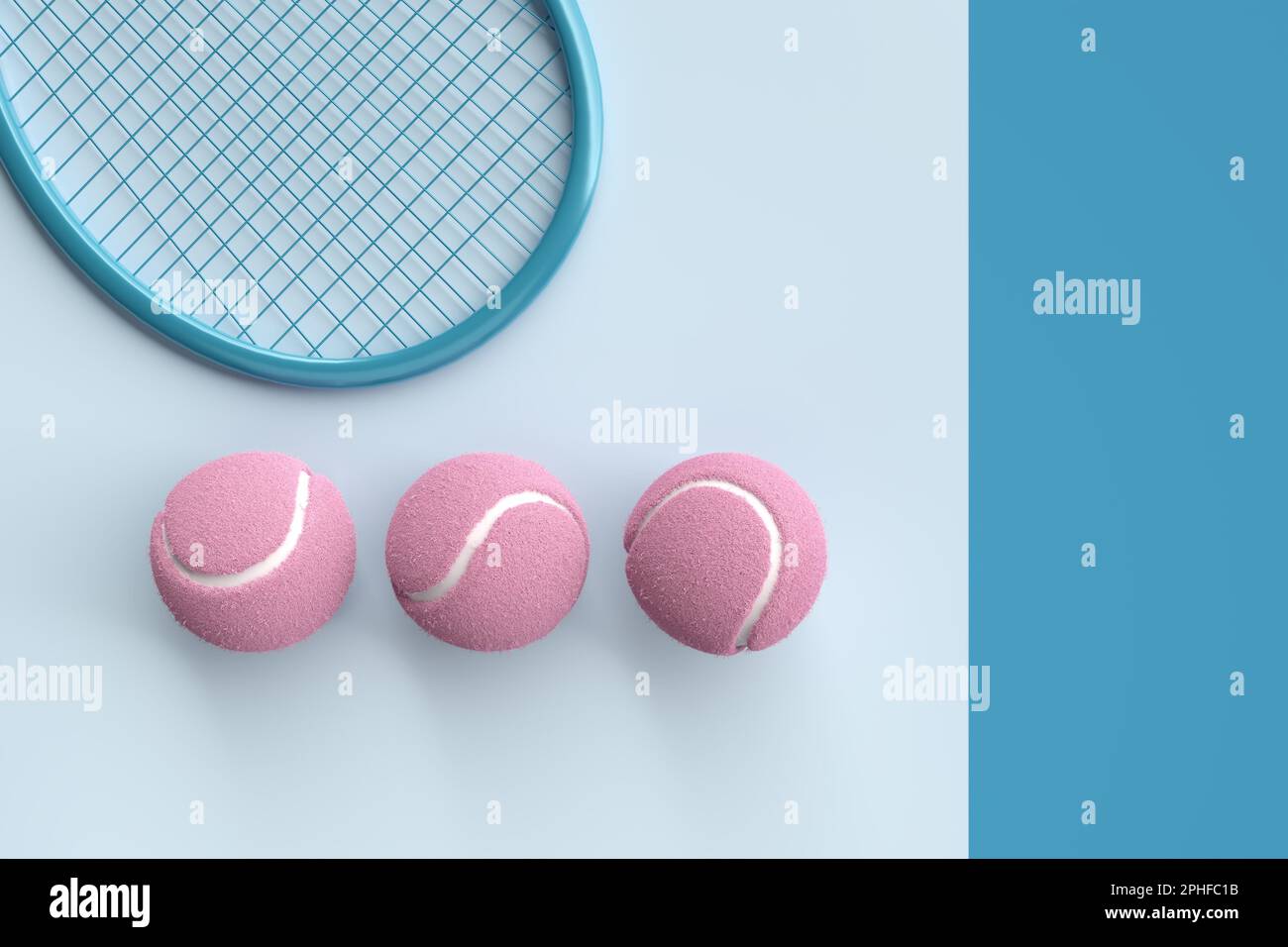 Three pink colored tennis balls and a tennis racket on blue background ...