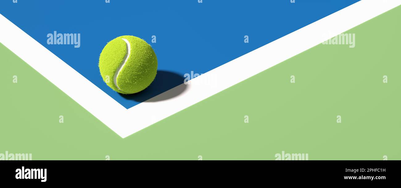 Tennis ball on the edge of the line on blue tennis court. Abstract 3D ...