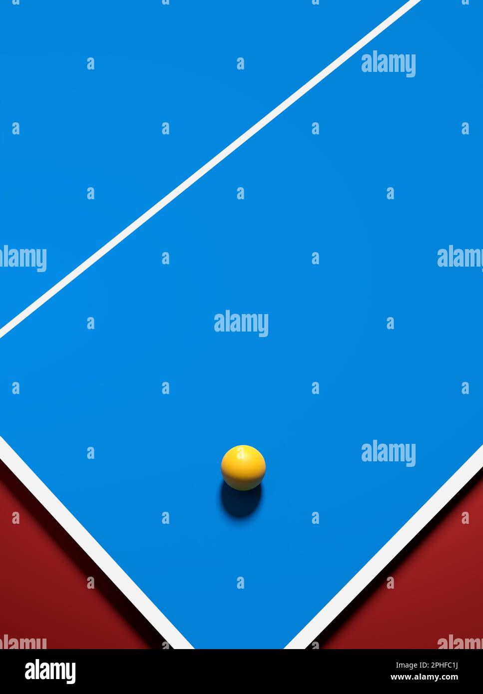 Yellow table tennis or ping pong ball on blue table tennis table with ...