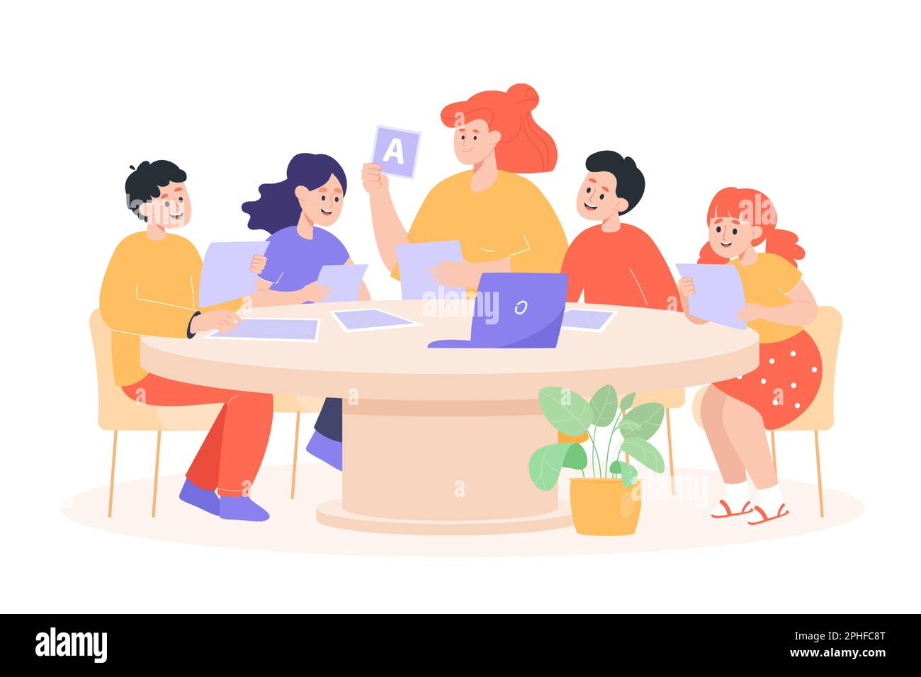 Woman tablet sitting table Stock Vector Images - Alamy