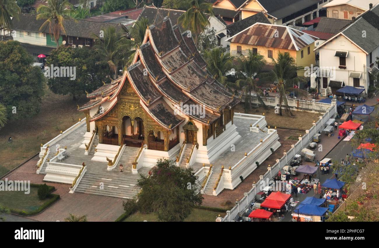 Aerial view of the Haw Pha Bang Temple or Royal Palace in Luang Prabang ...