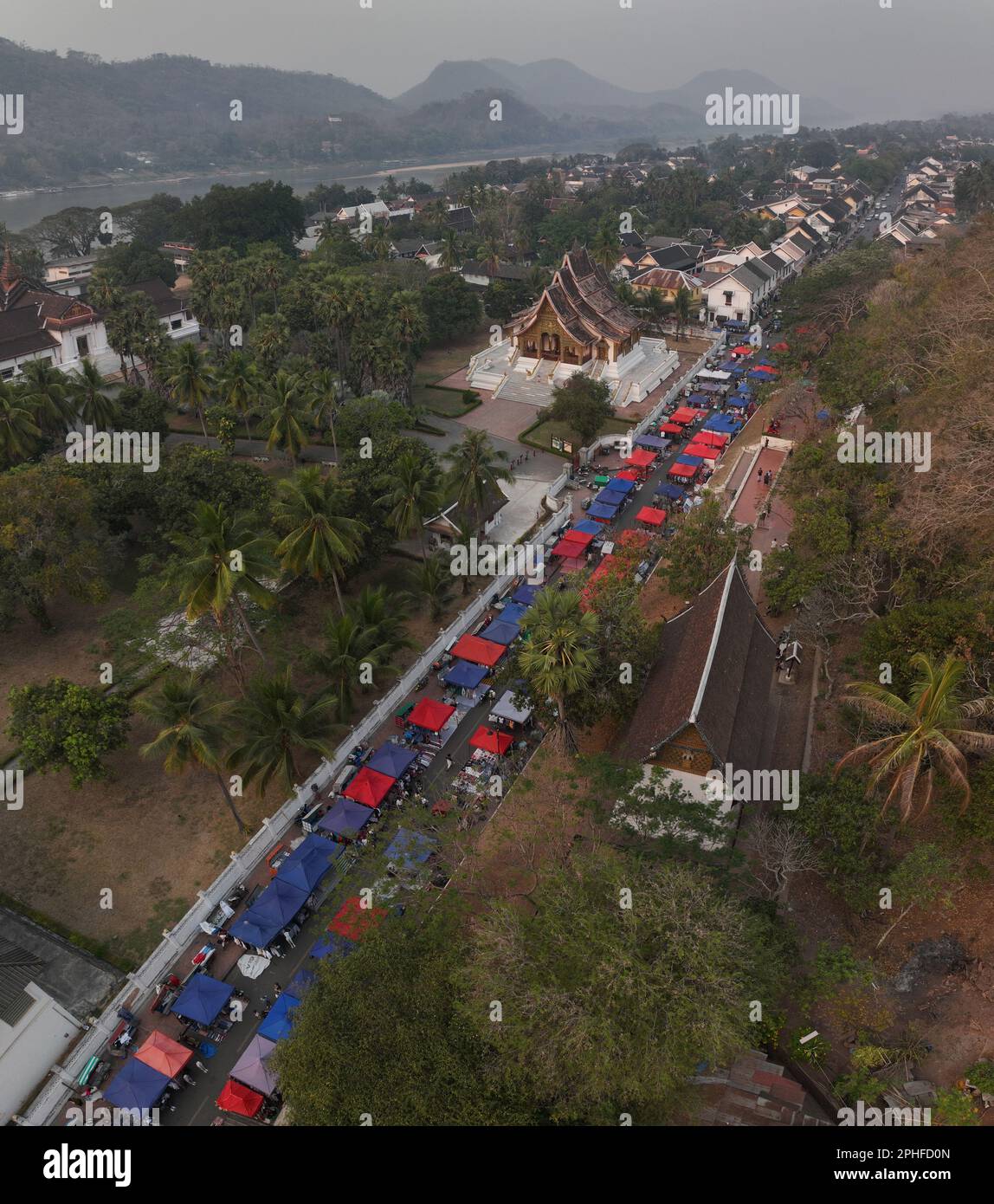 Aerial view of the Haw Pha Bang Temple or Royal Palace in Luang Prabang ...