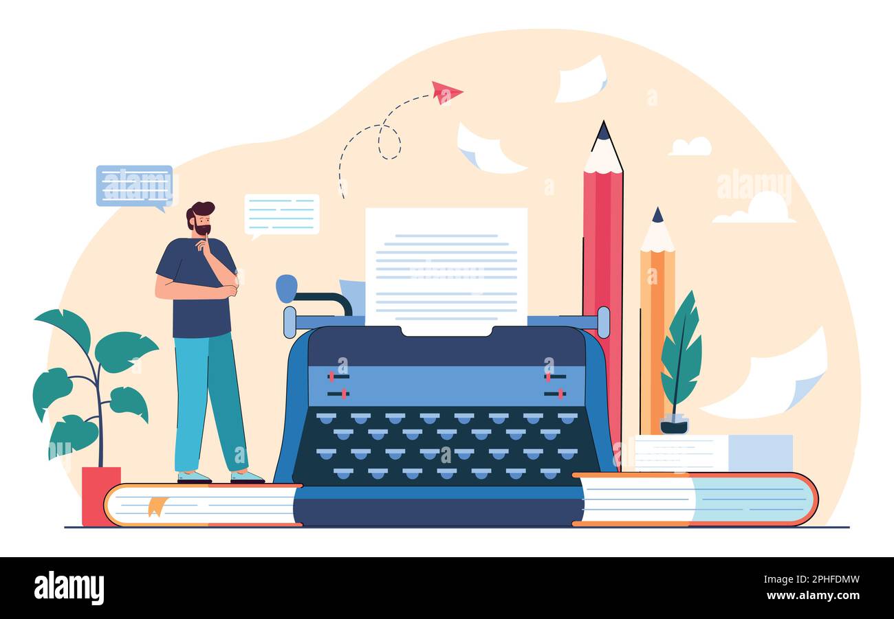 Tiny male author or screenwriter writing story or movie script Stock ...