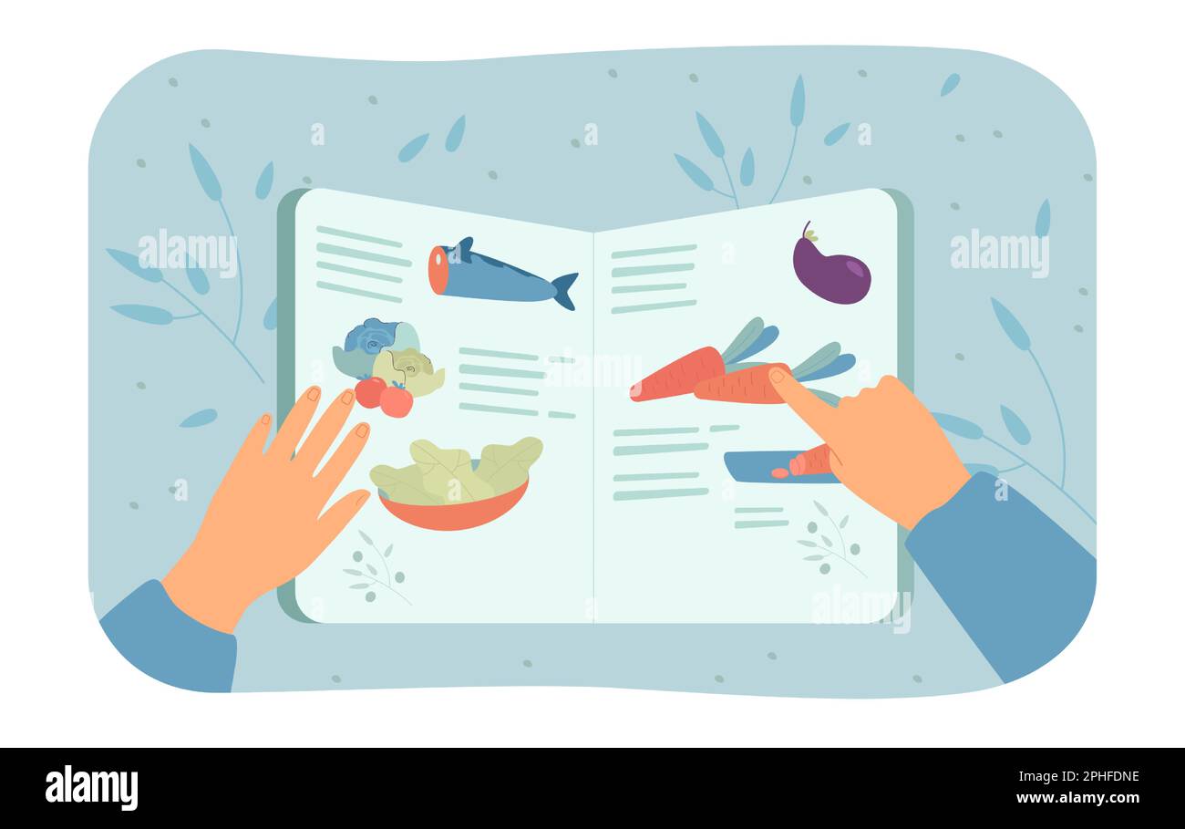 Person checking recipe in cookbook flat vector illustration Stock ...