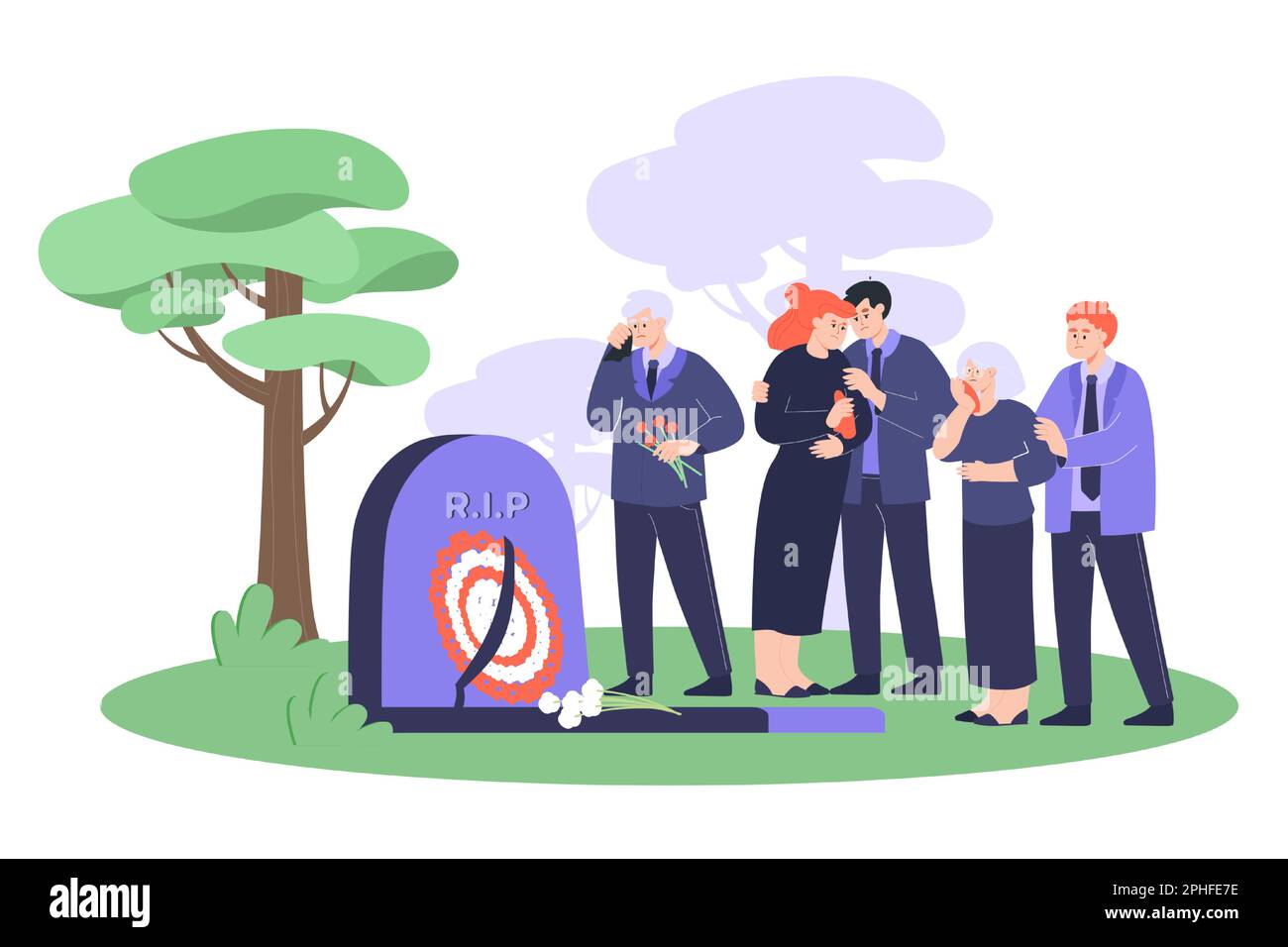 Sad family in mourning clothes crying near tombstone Stock Vector Image ...
