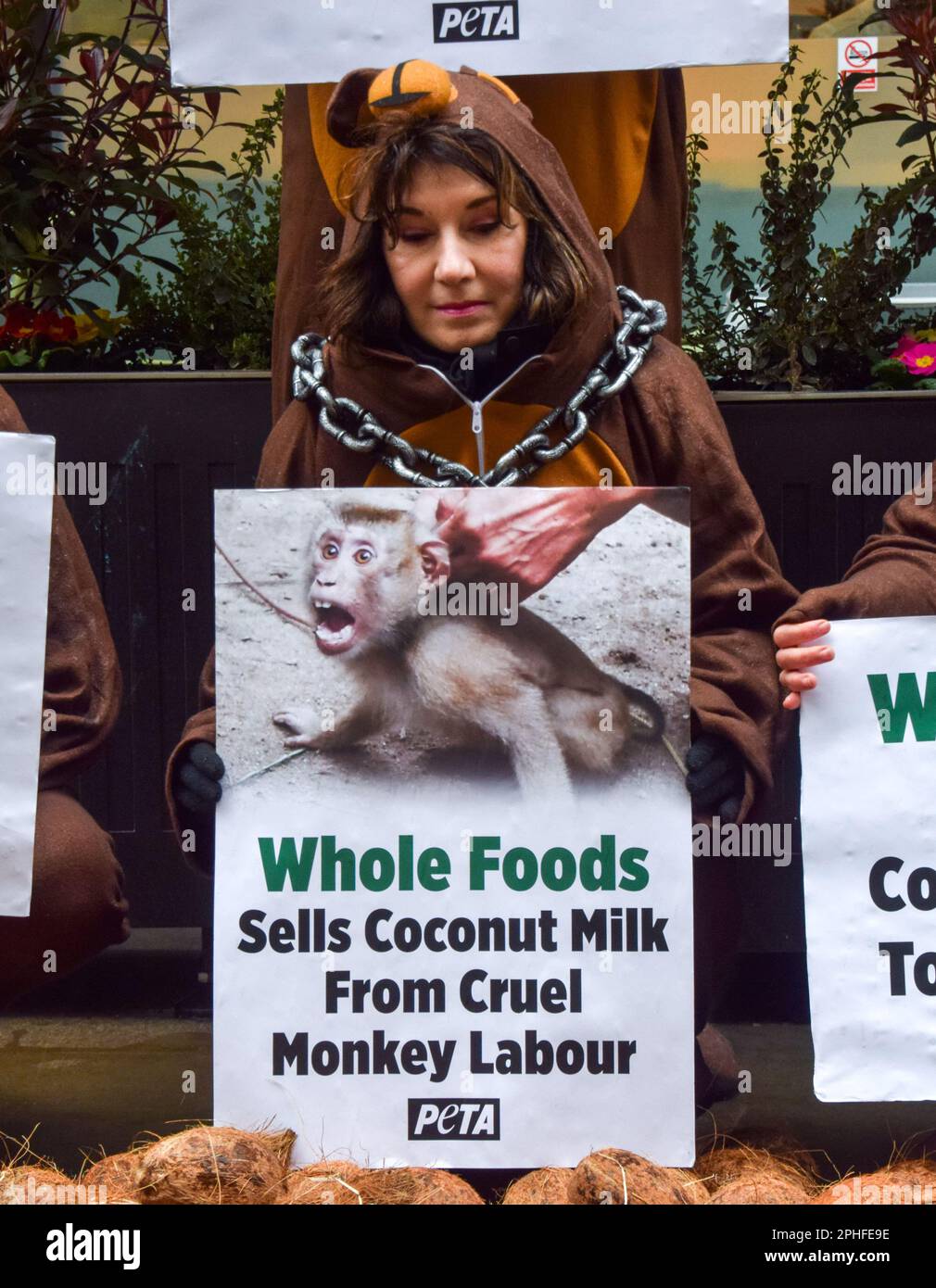 London, UK. 28th March 2023. PETA activists dressed as chained monkeys ...