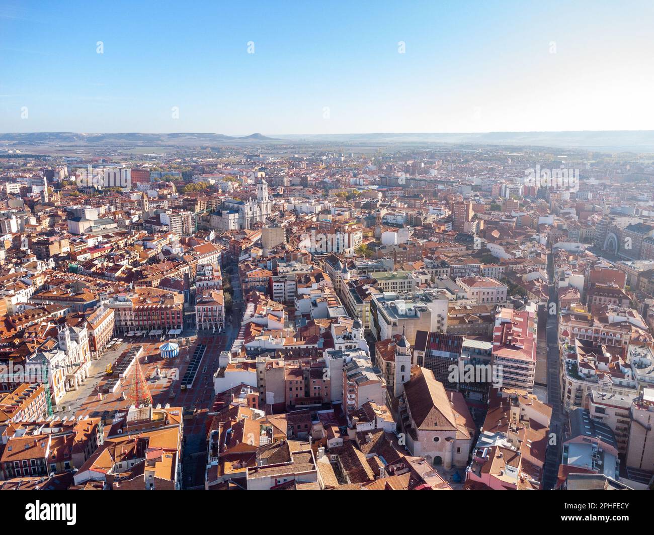 Aerial perspective of Valladolid city center at sunrise. View of Plaza ...