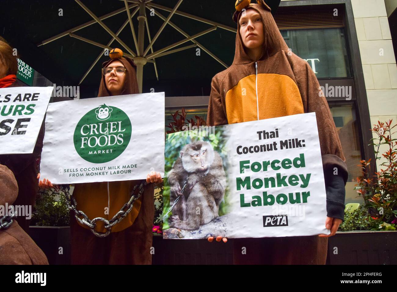 London, UK. 28th March 2023. PETA activists dressed as chained monkeys ...
