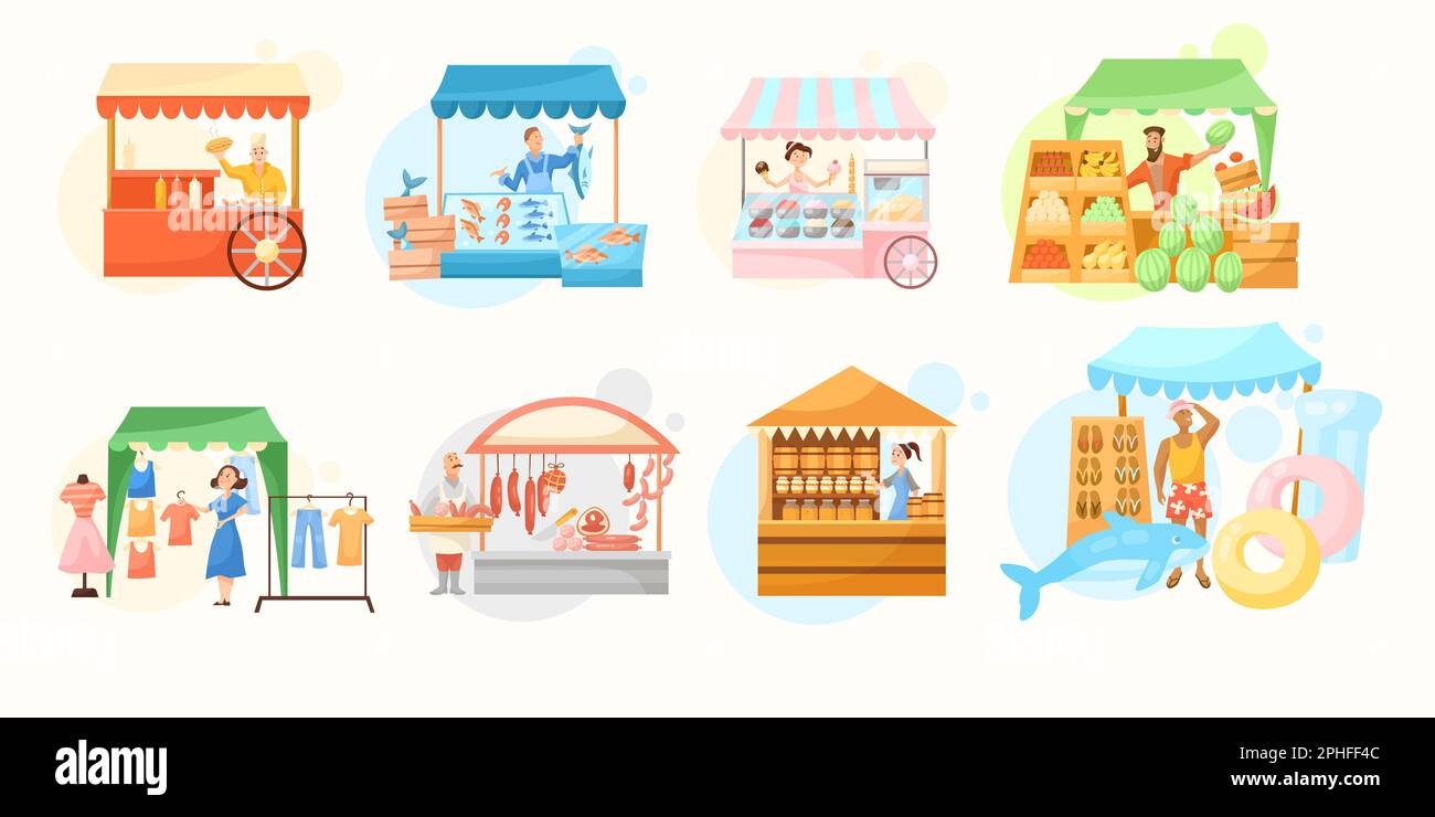 Fair booths with sellers flat vector illustrations set Stock Vector ...