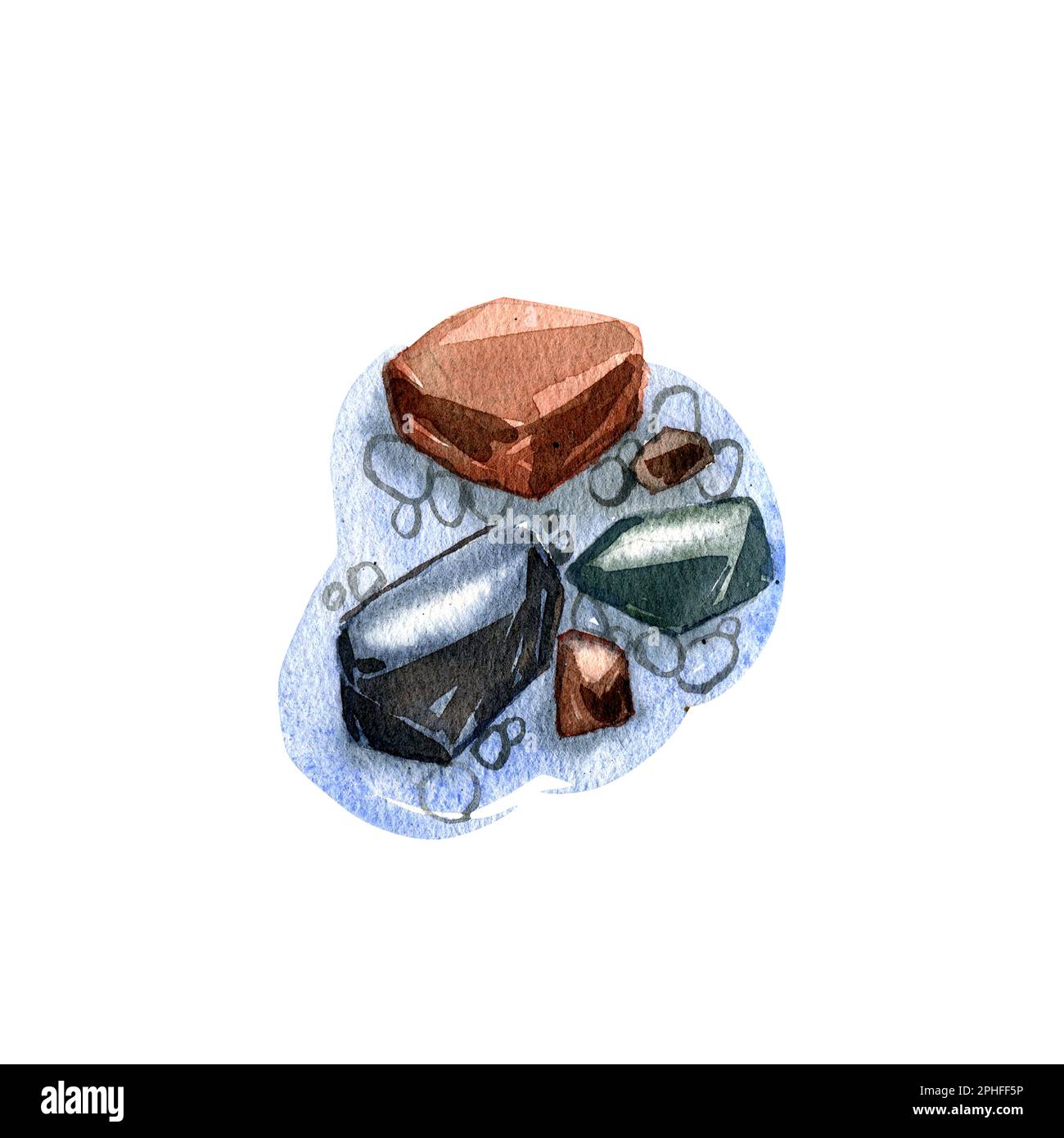 Composition grey, orange, green color rock stones isolated on blue ...