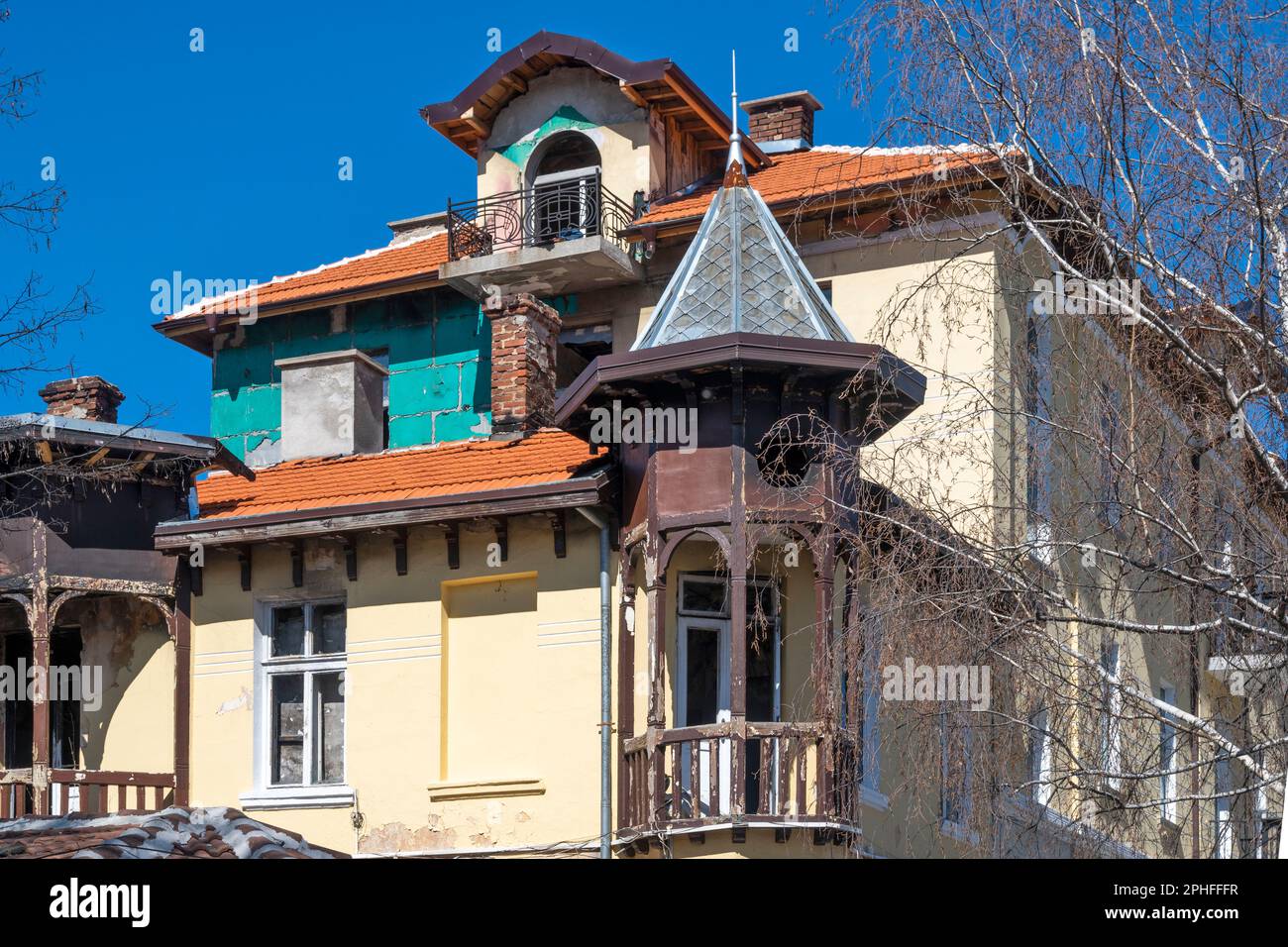 BANKYA, BULGARIA - MARCH 19, 2023: Panorama of center of town of Bankya ...