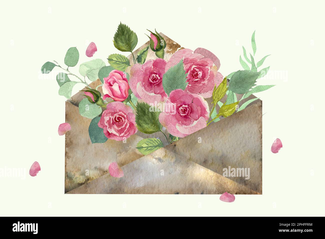 Envelope with flowers watercolor illustration. Watercolor drawing of an ...