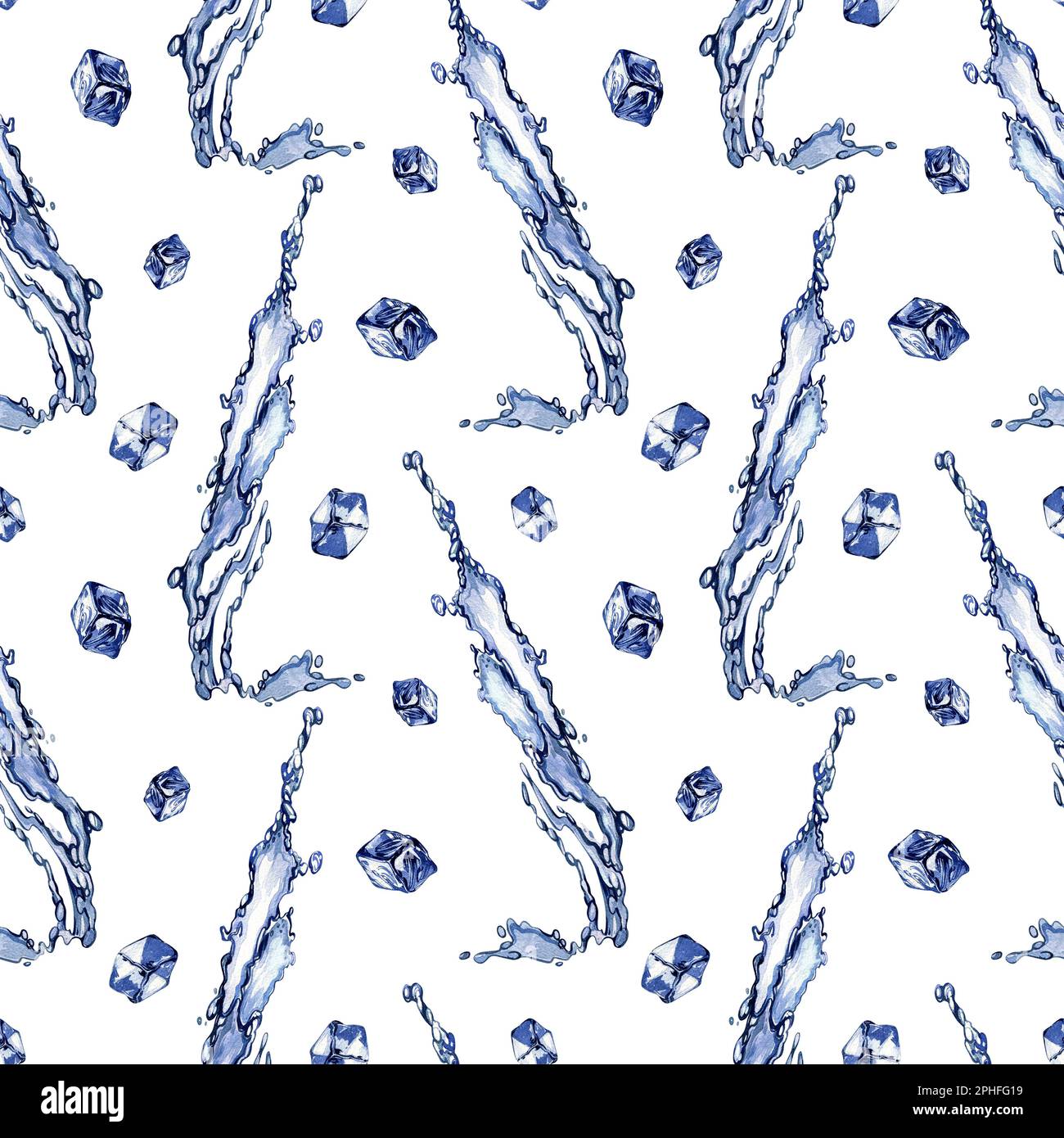 Seamless pattern expressive water blue splash and ice cubes isolated on ...