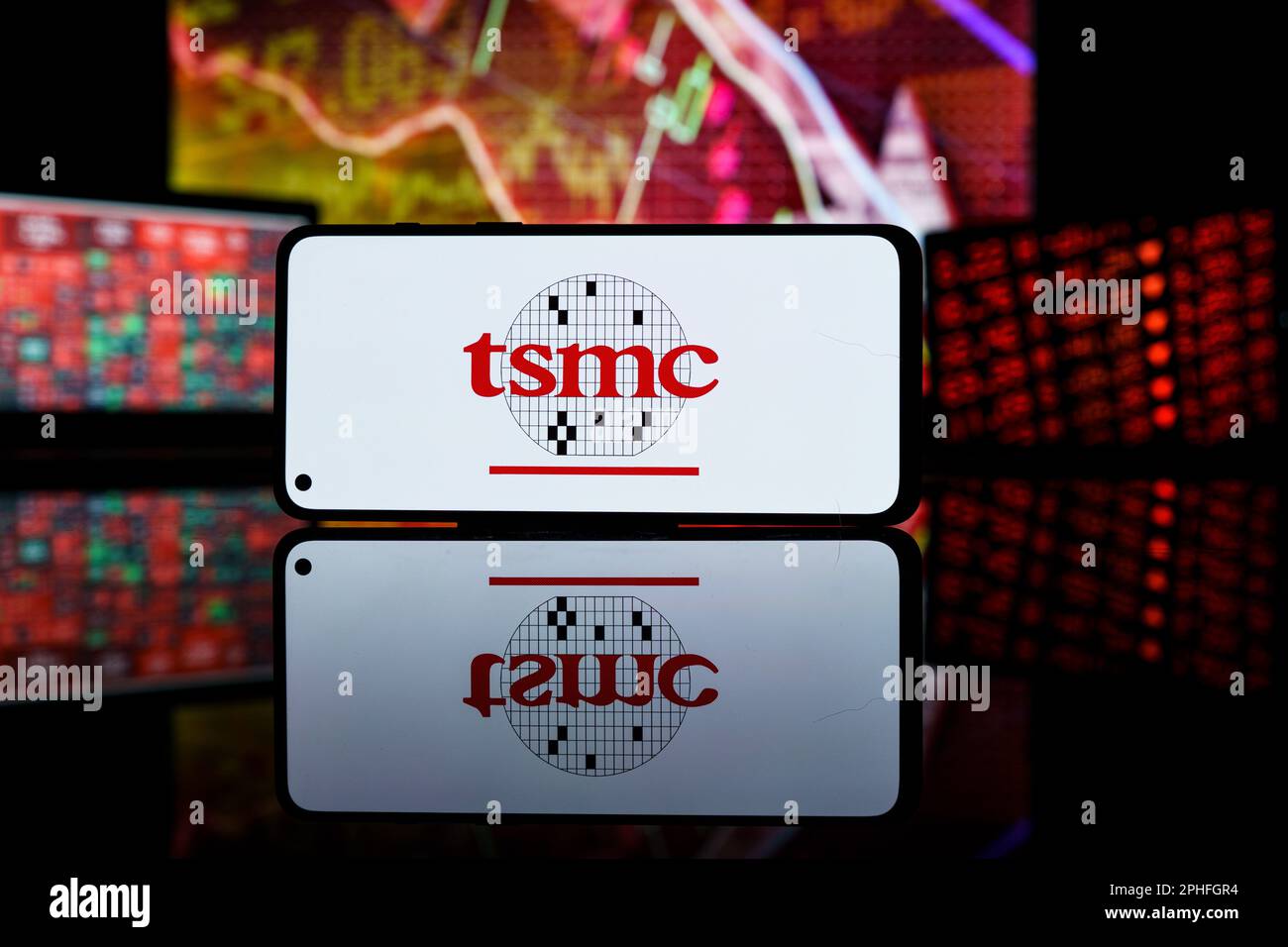 Paris, France - 2023 March 28: TSMC company shares dropped down at stock market. TSMC company ...