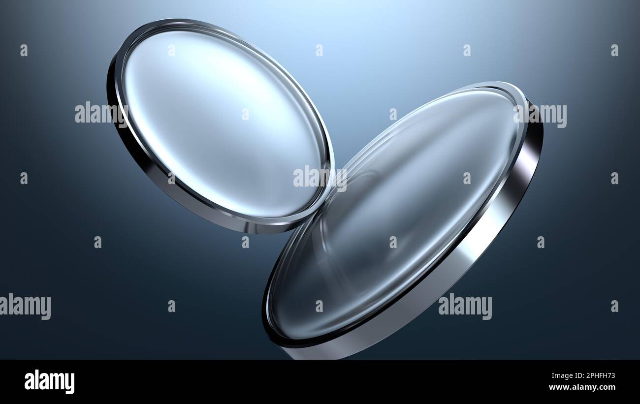 transparent blue Frosted lens with metal frame showing shiny ceiling ...