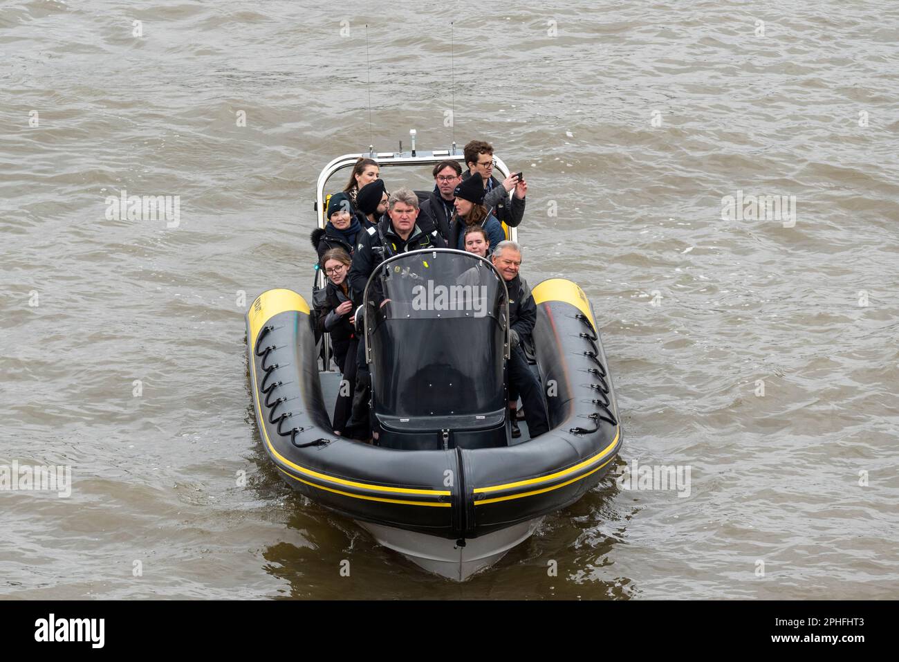 Chase boat on the River Thames at Chiswick, London, UK, for the ...