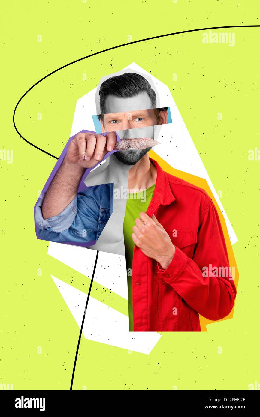 Creative picture template collage of young guy with different facial ...