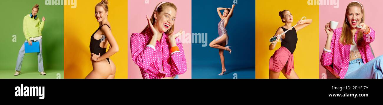 Collage with young beautiful girl in different styles of clothes and ...