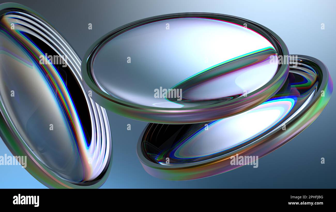 transparent blue Iridescent chrome metal framed lens Abstract delicate ...