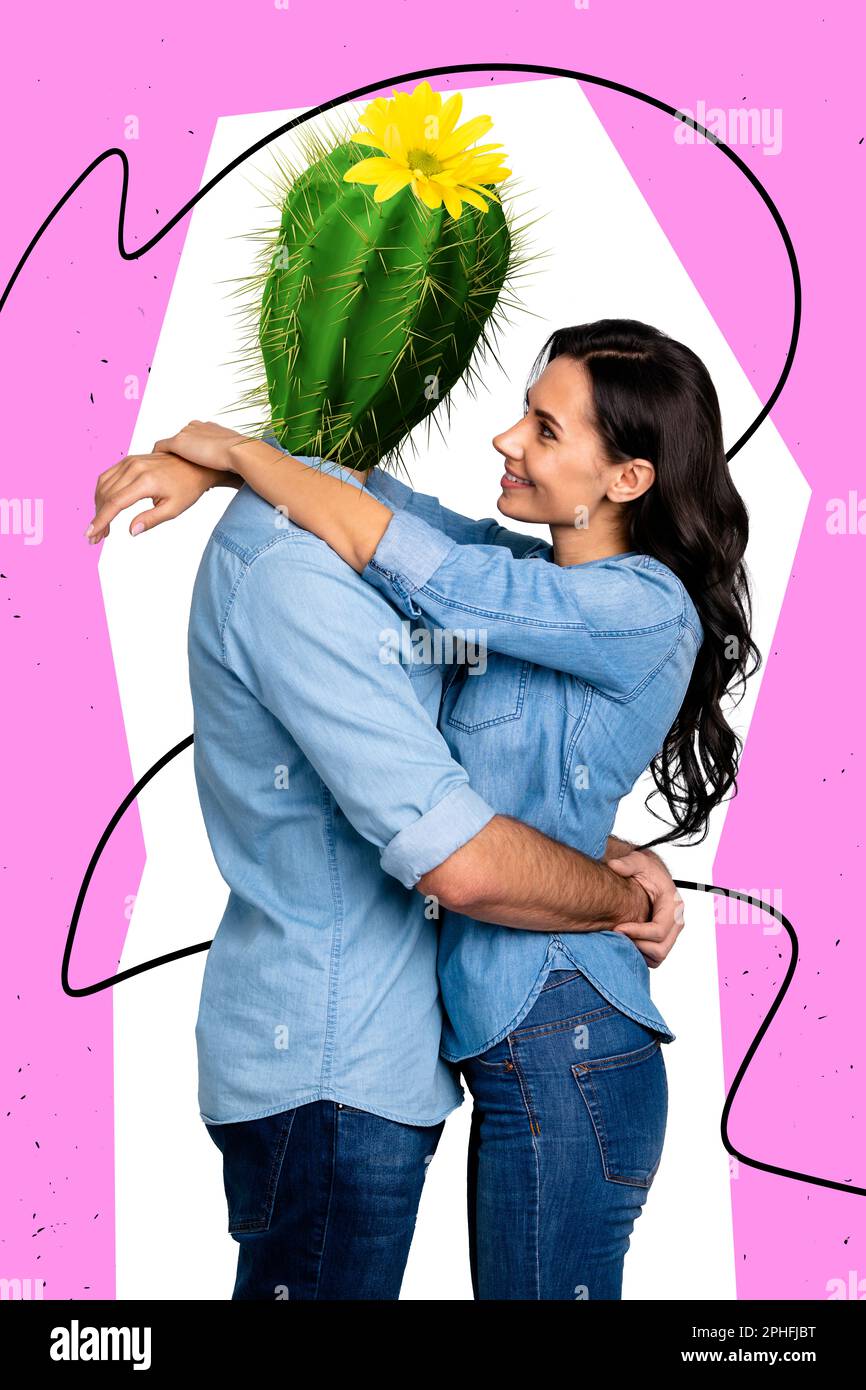 Creative strange picture collage of two people lovers young lady hug ...