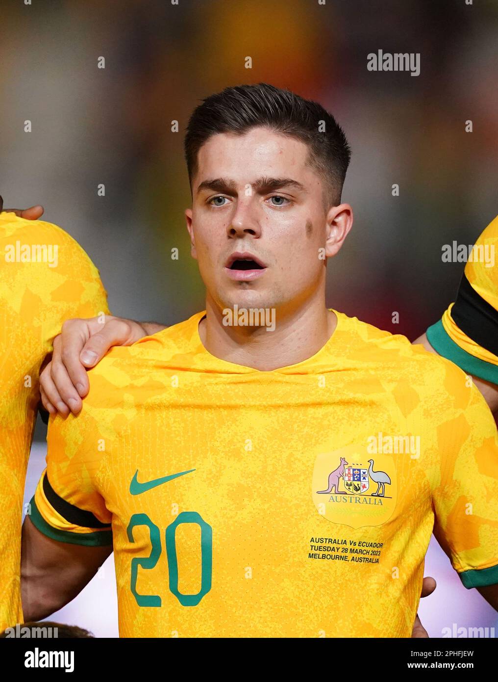 Cameron Devlin of the Socceroos looks on during the soccer match ...