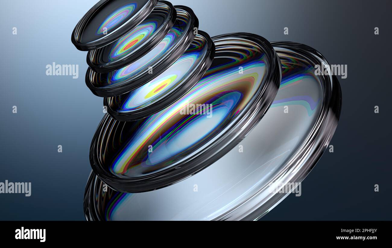 transparent blue overlapping lenses facing the same direction, bent ...