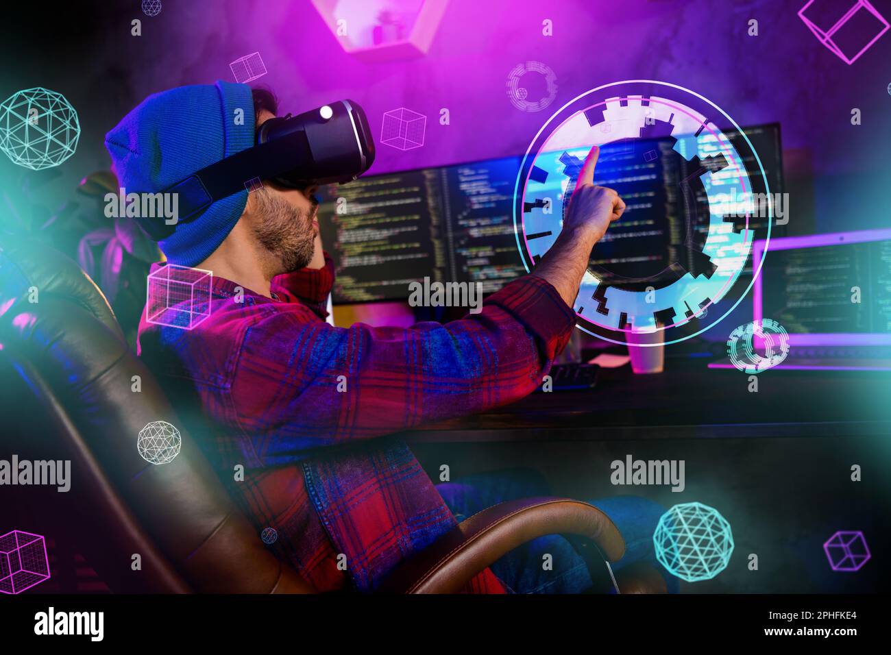 Creative graphics metaphor collage of young guy programmer using metaverse for developing high ...