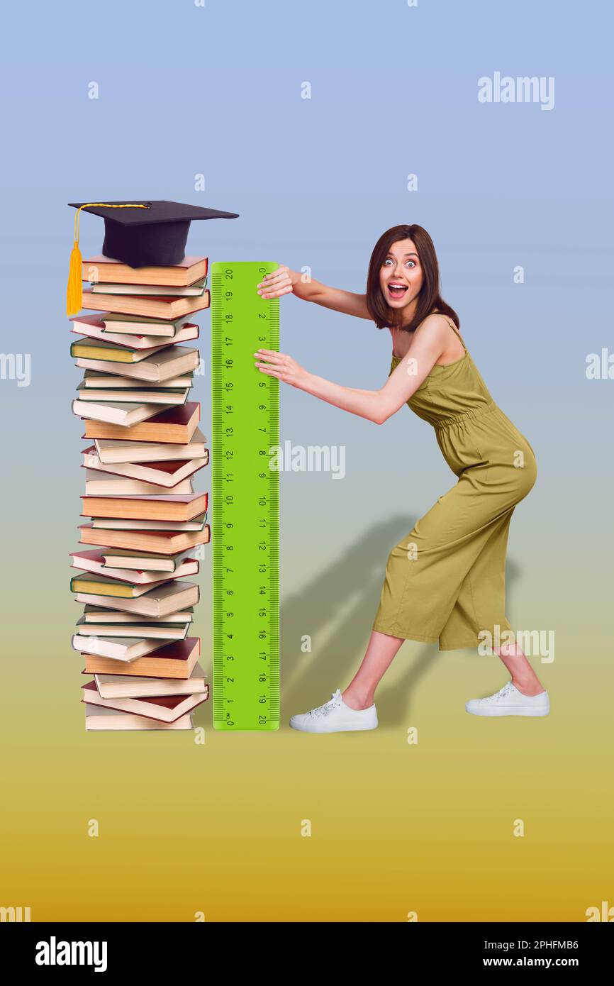 Collage artwork graphics picture of excited lady measuring learning ...