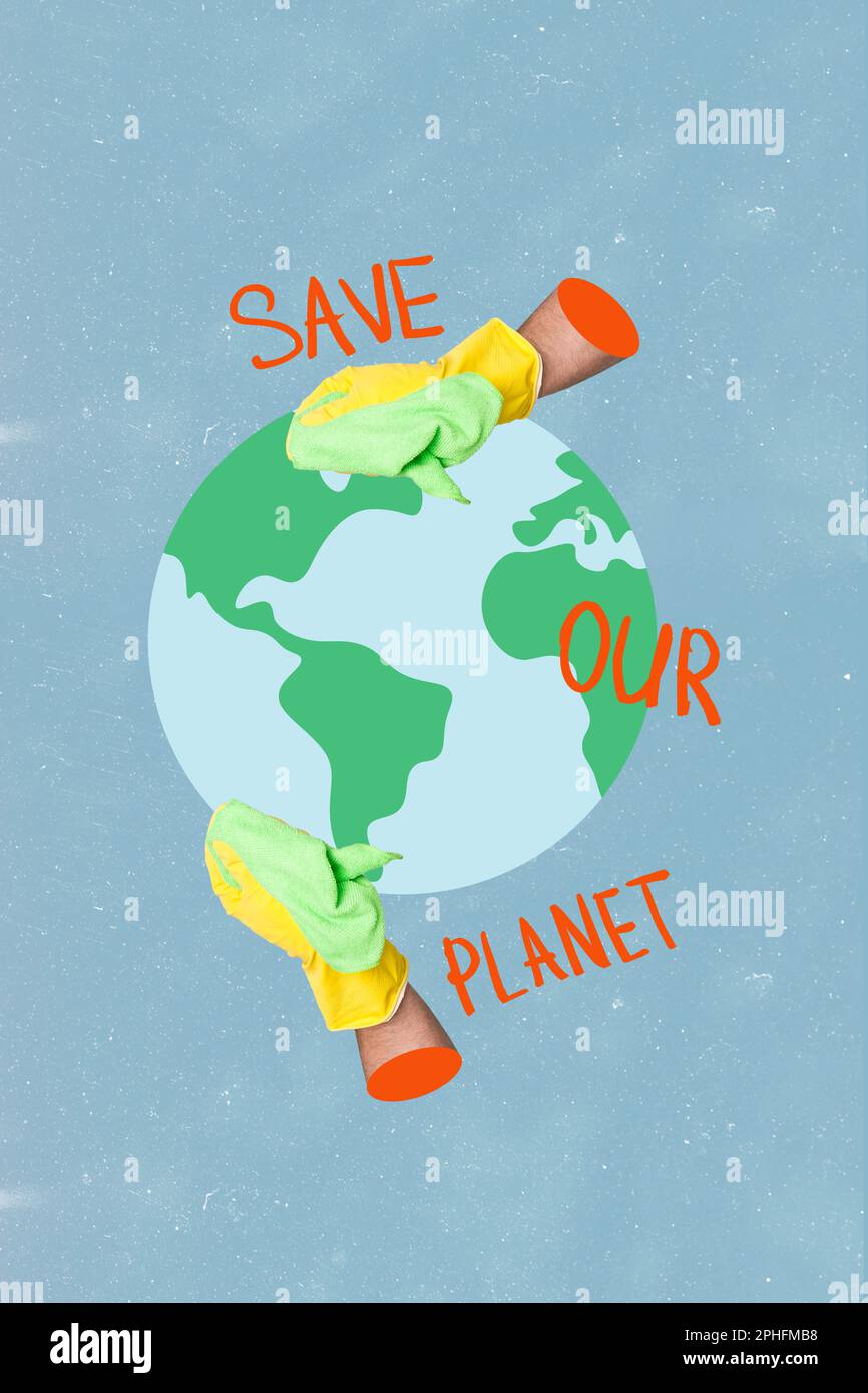Creative retro 3d magazine collage image of arms washing planet ...