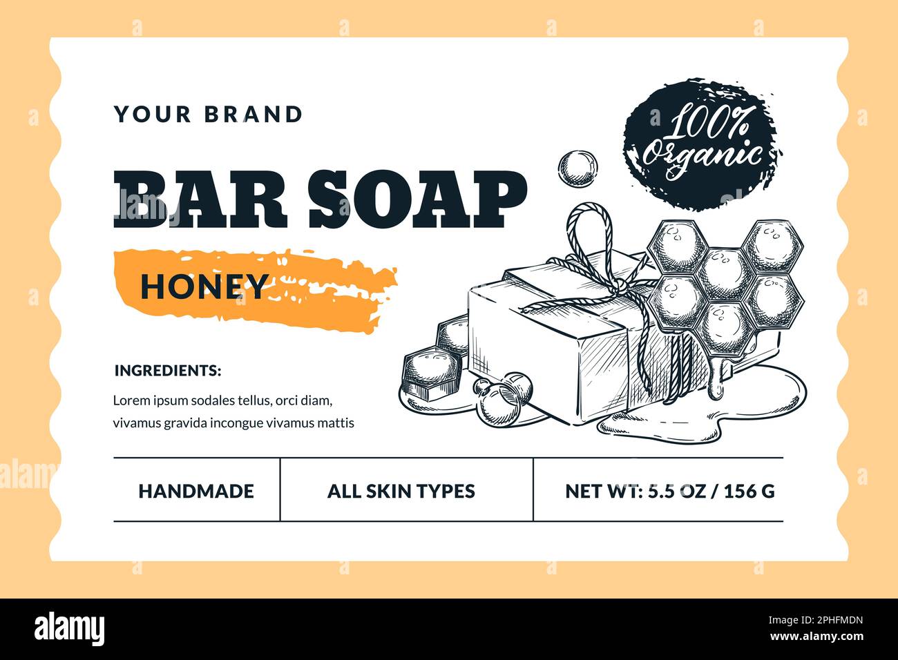 Natural hand made honey soap bar sticker, package label layout. Vector ...