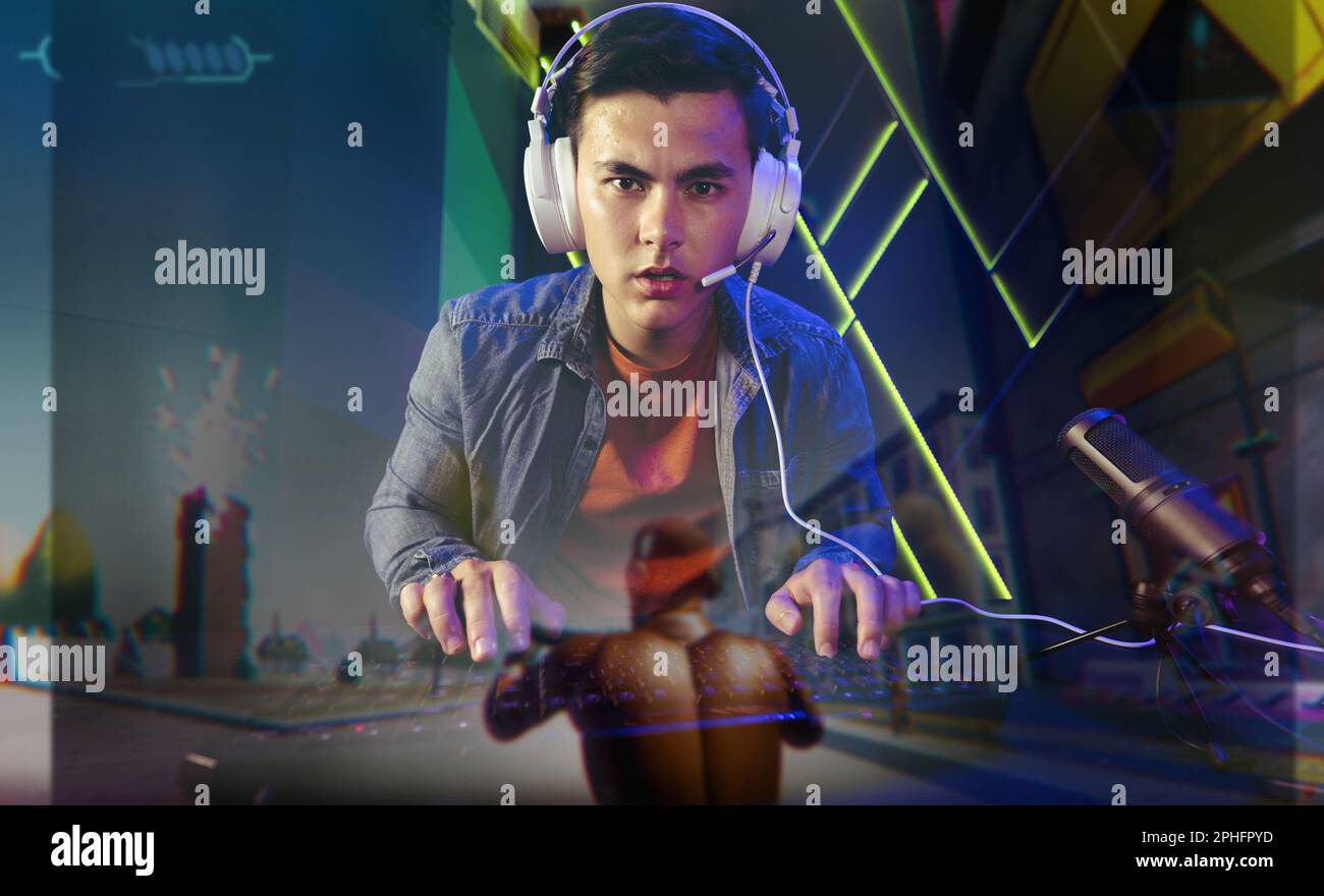 Male gamer fully immersed in a fast-paced first-person shooter video ...