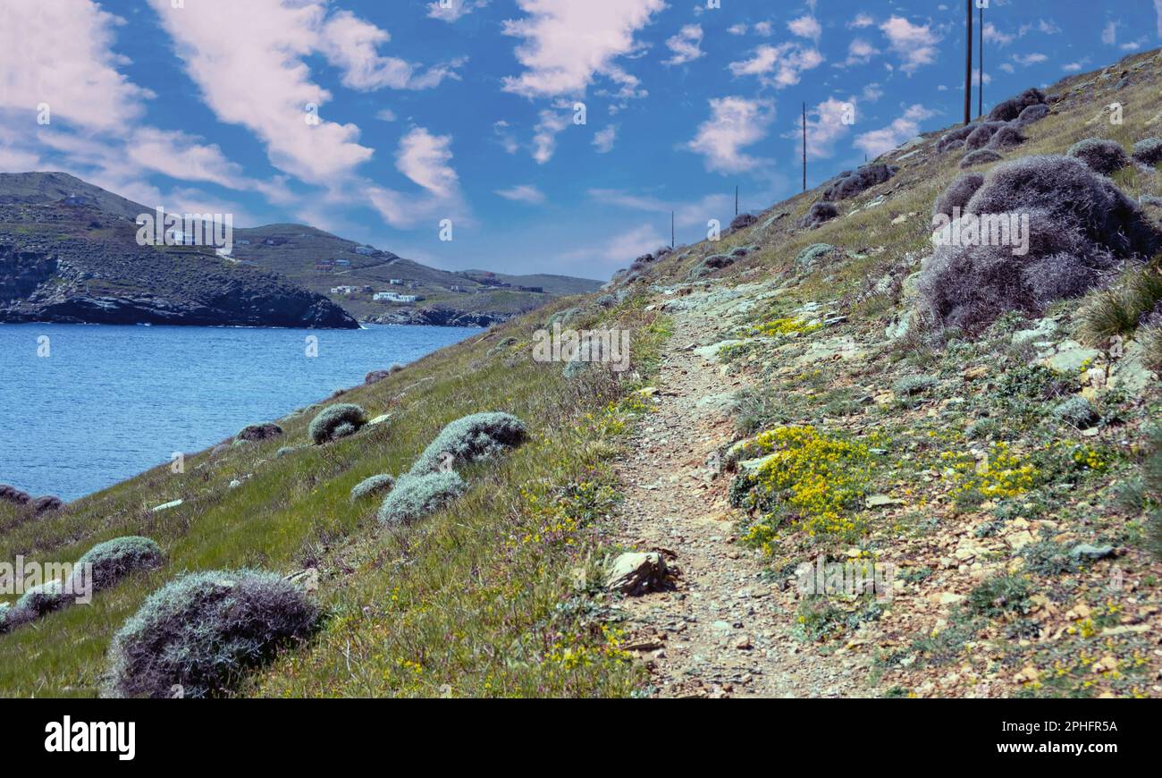 Hiking trail by the sea, Pathway, landscape in springtime and blue sea ...