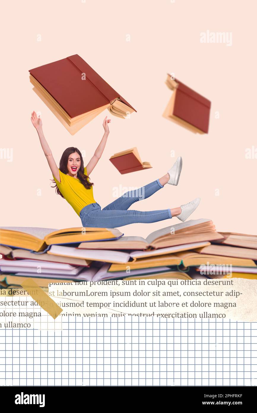 Collage artwork graphics picture of funny happy smiling lady enjoying ...