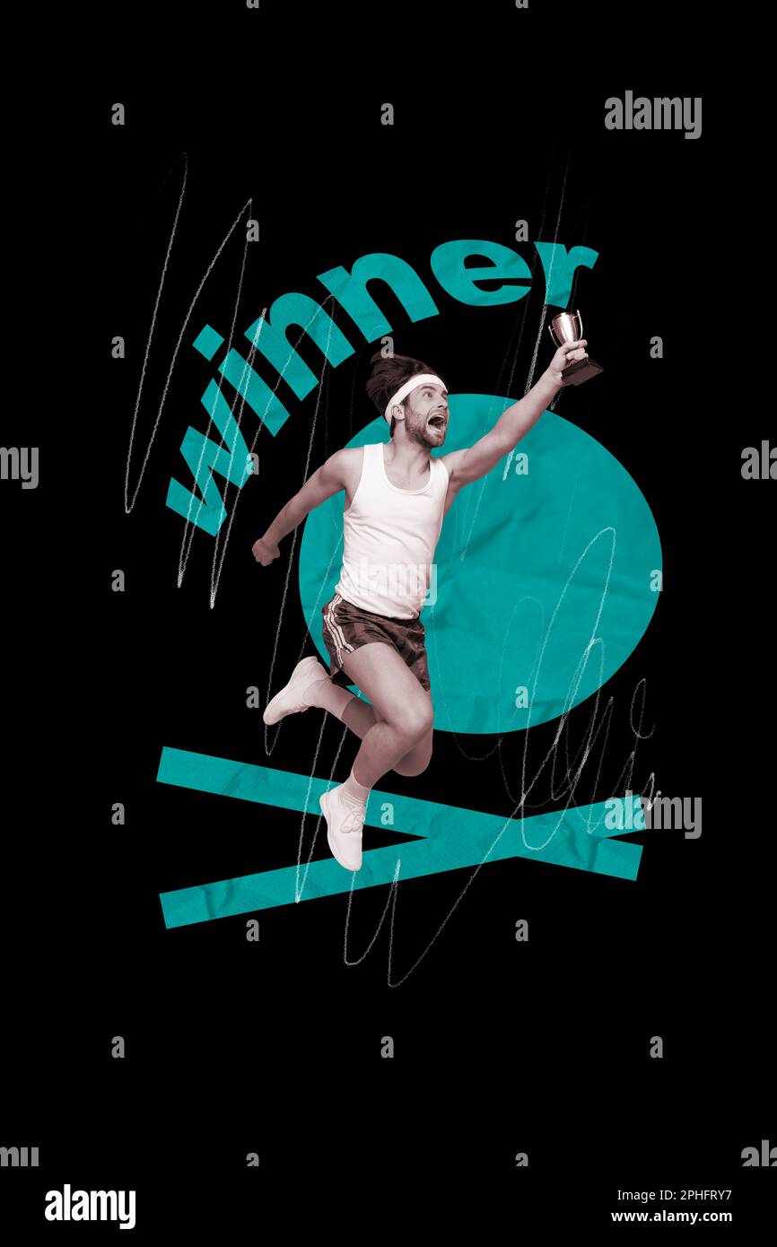 Composite collage design banner of crazy professional sportsman running ...