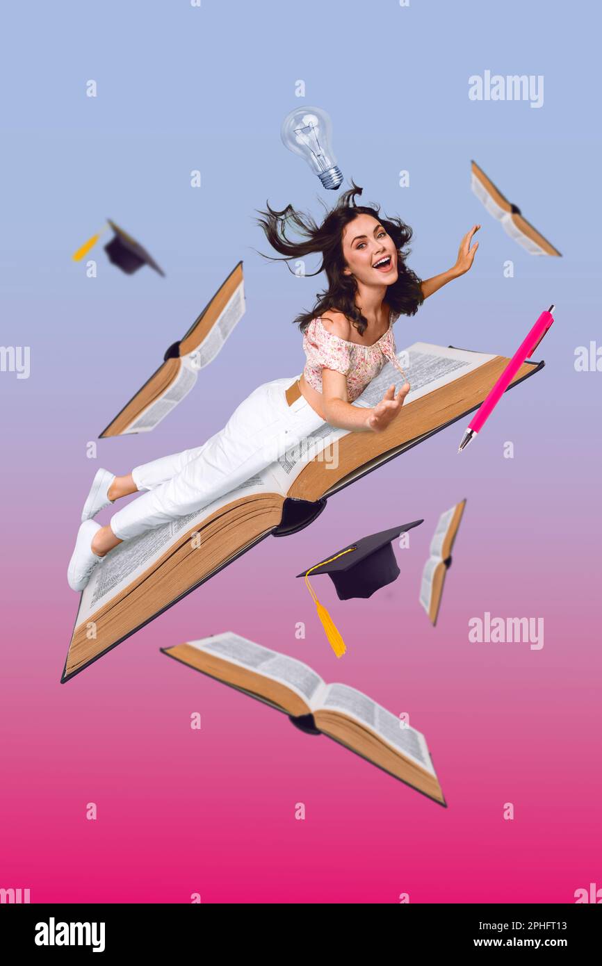 Composite creative minimal template 3d collage young girl writer author ...