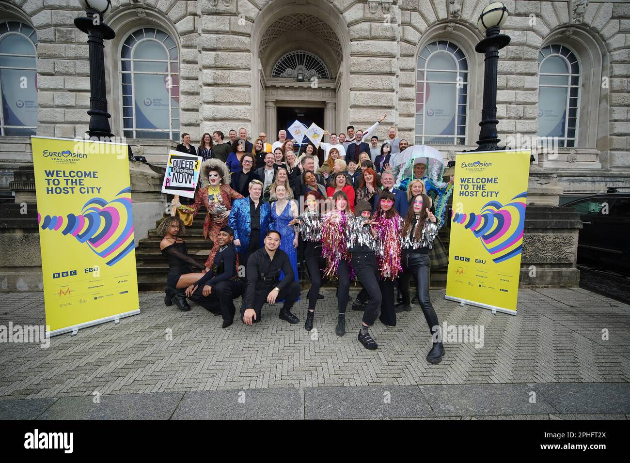 Performers pose for a group photo at the launch of Eurovision ...