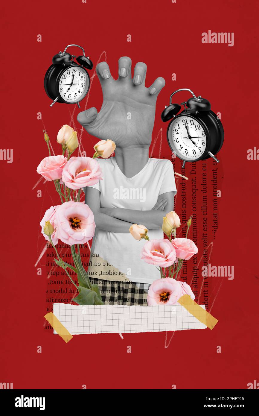 Creative retro 3d magazine collage image of stressed depressed lady arm ...