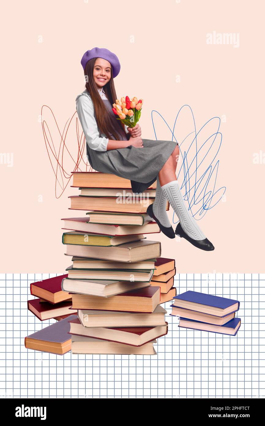 Creative retro 3d magazine collage image of charming small kid lady ...