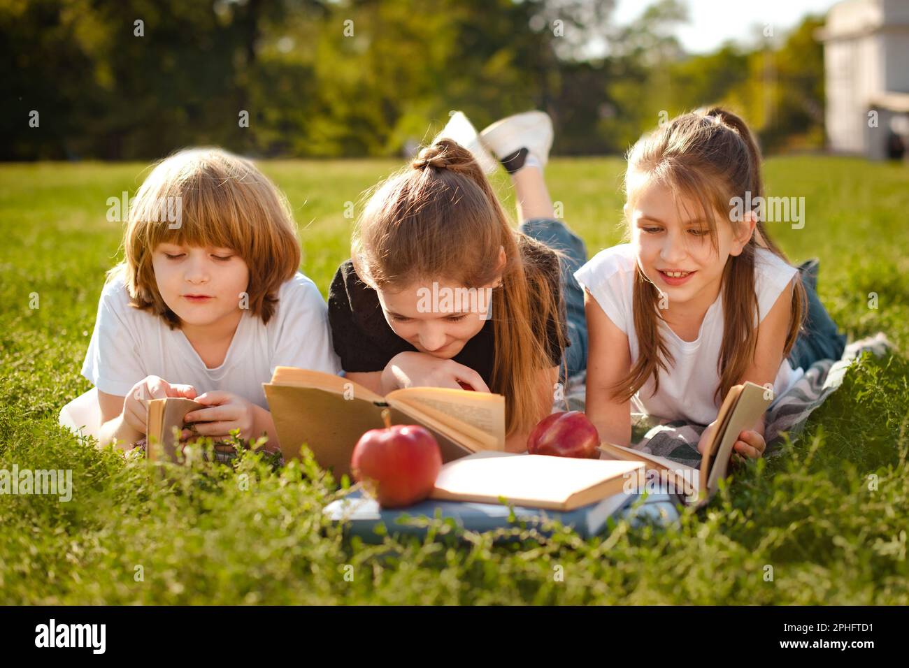 Children lay in a row on green grass and read books in park after ...