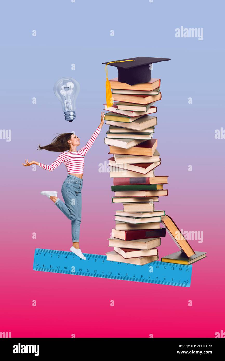 Minimal collage of young jumping intellectual lady ruler stack books ...