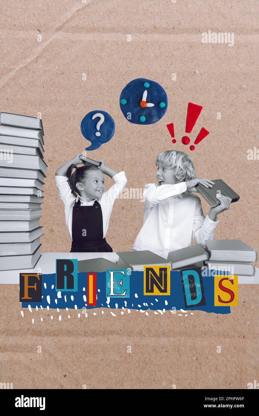 Vertical creative graphics collage photo of playful childish classmates ...