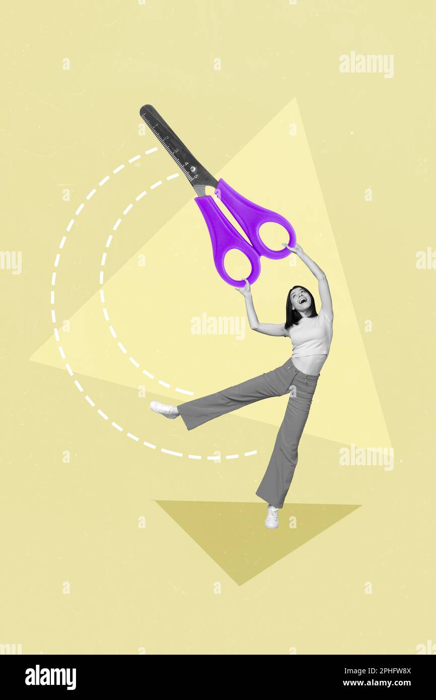 Magazine template collage of funky young lady hold big scissors making ...